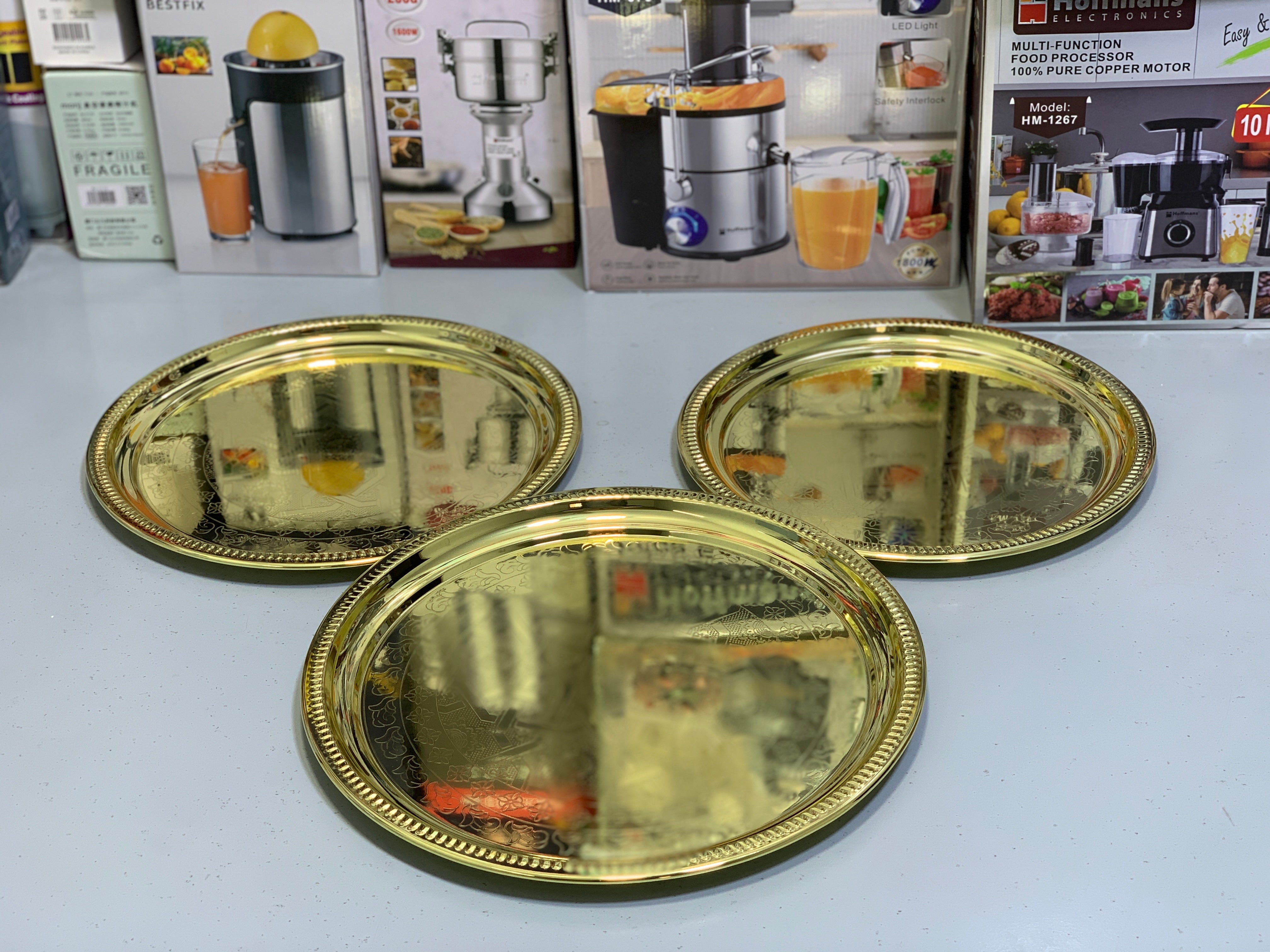 Golden Serving Trays 36cm 38cm and 40cm Stainless Steel – Gawadar Import